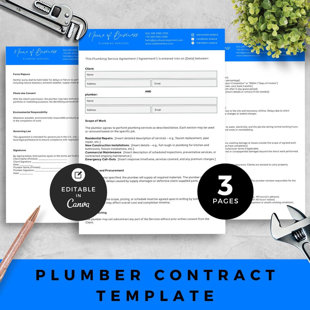 Editable Plumbing Service Agreement Template Canva | Contractor Job ...