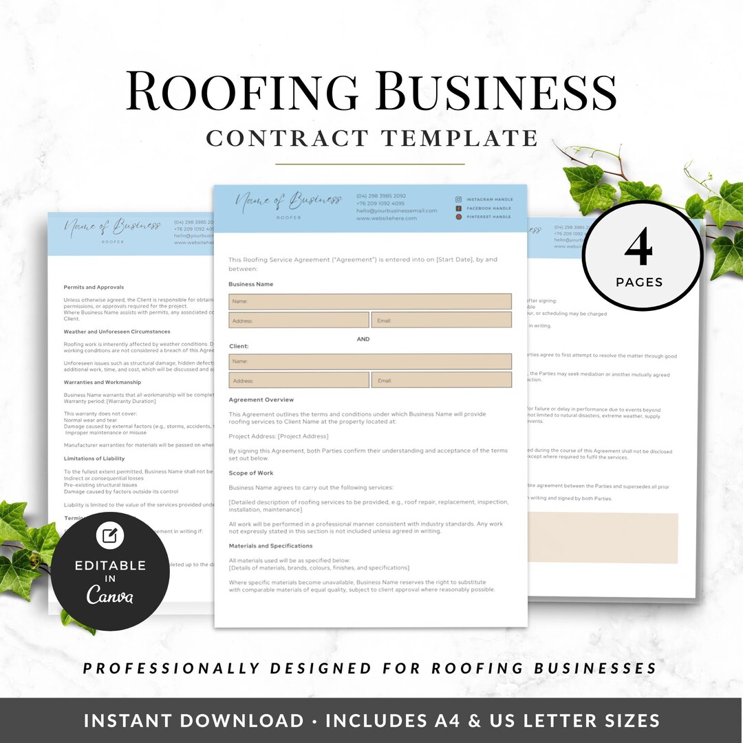 Roofing Contract Template Canva Editable, Contractor Agreement Form ...