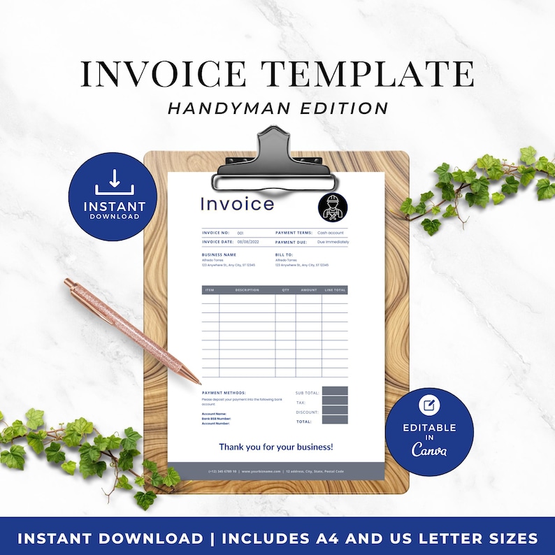 Invoice Template Canva, Handyman Invoice Template for Small Business ...