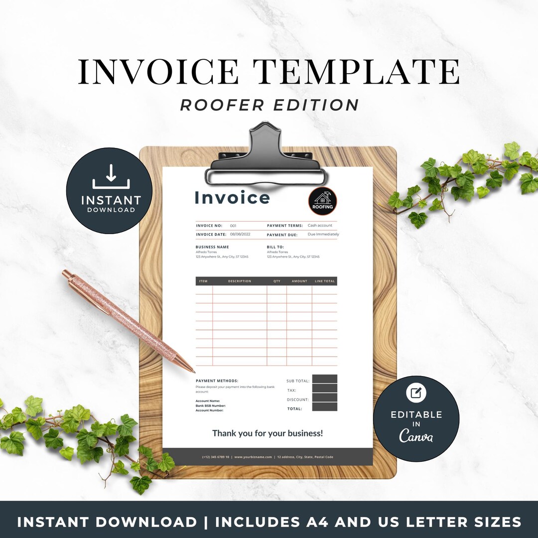 Roofing Business Invoice Template Canva, Editable Roofing Invoice for ...