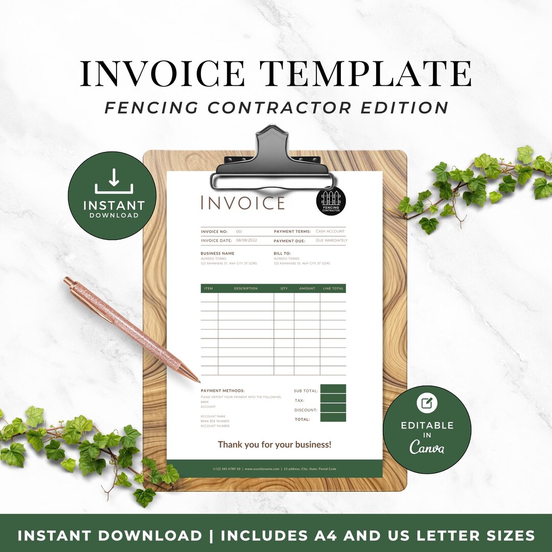 Fencing Invoice Template Canva Editable, Contractor Invoice Template ...