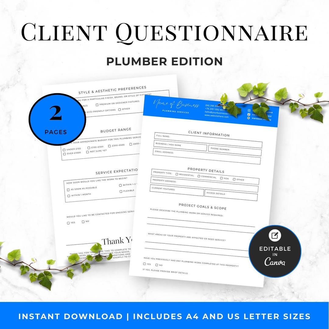 Plumber Client Questionnaire, Custom Form Template for Plumbing ...