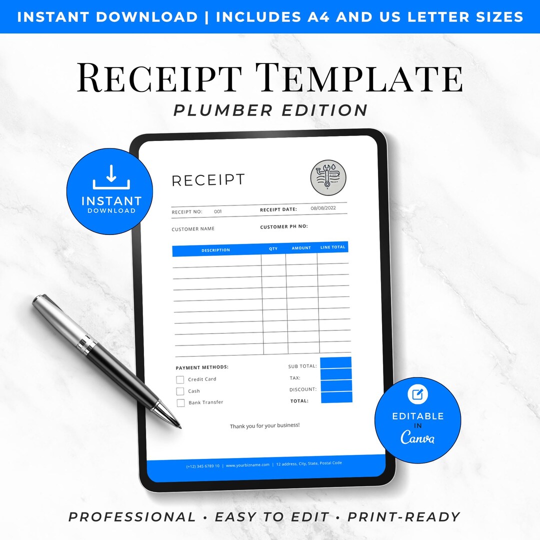 Printable Plumber Receipt Template, Canva Editable Payment and Work ...
