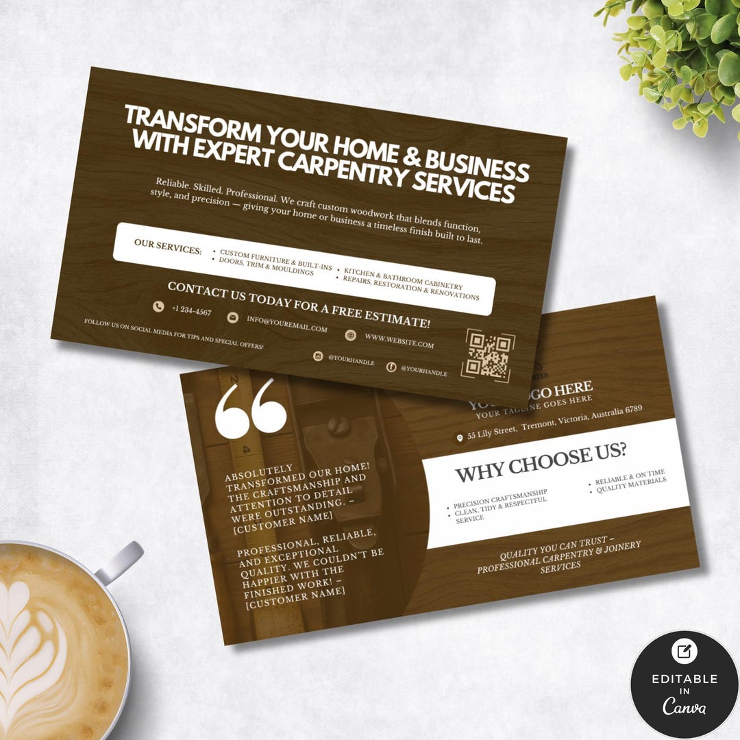 Carpenter Business Card Template, Editable Design for Handyman Services ...