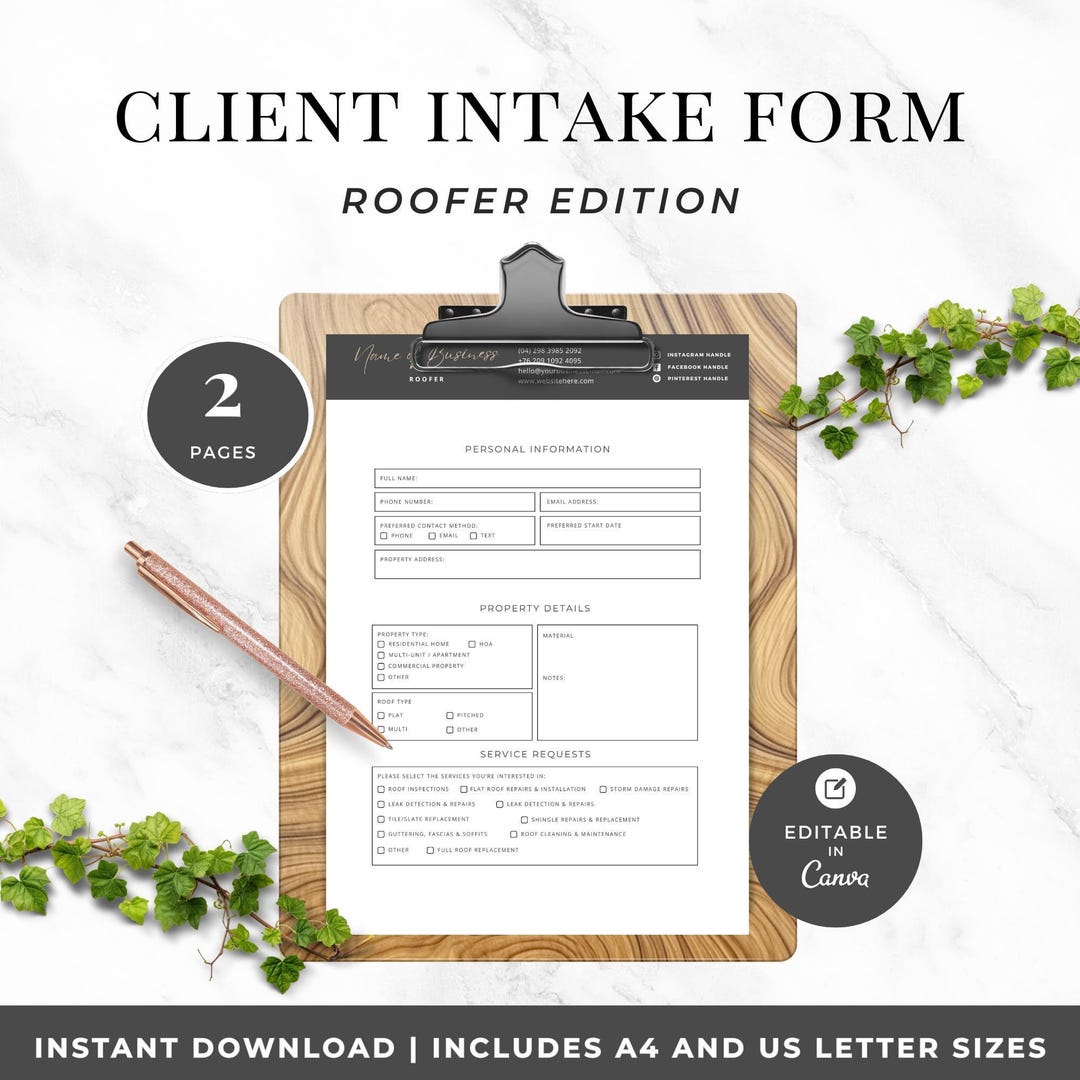 Roofer Client Intake Form, Printable Roofing Job Template, Editable ...