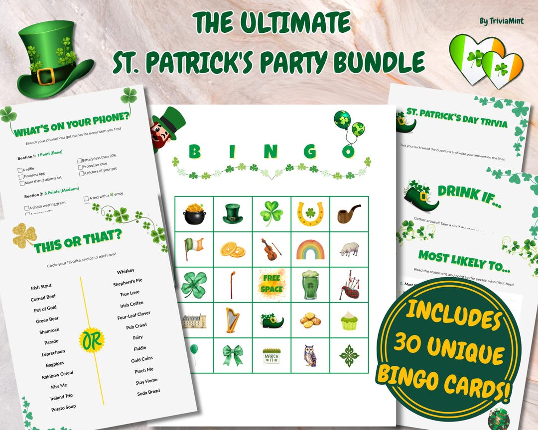 St Patricks Day Bingo 30 Cards & Games Bundle | Fun St Pattys Party ...