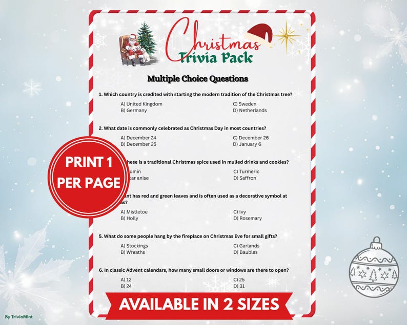 Christmas Trivia Printable, Fun Holiday Party Game for Kids, Adults ...