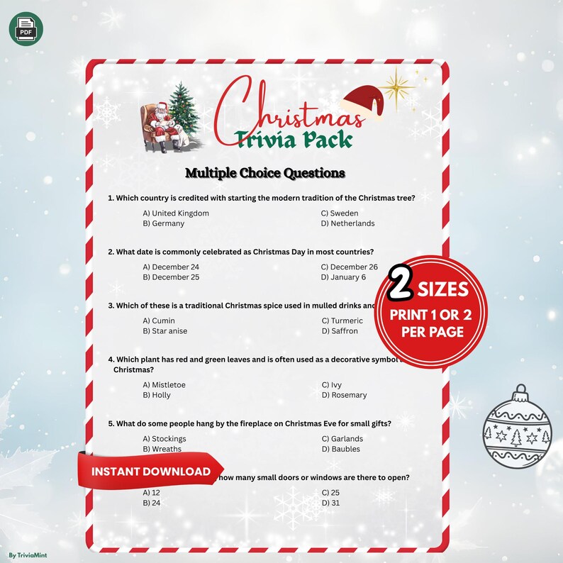 Christmas Trivia Printable, Fun Holiday Party Game for Kids, Adults ...