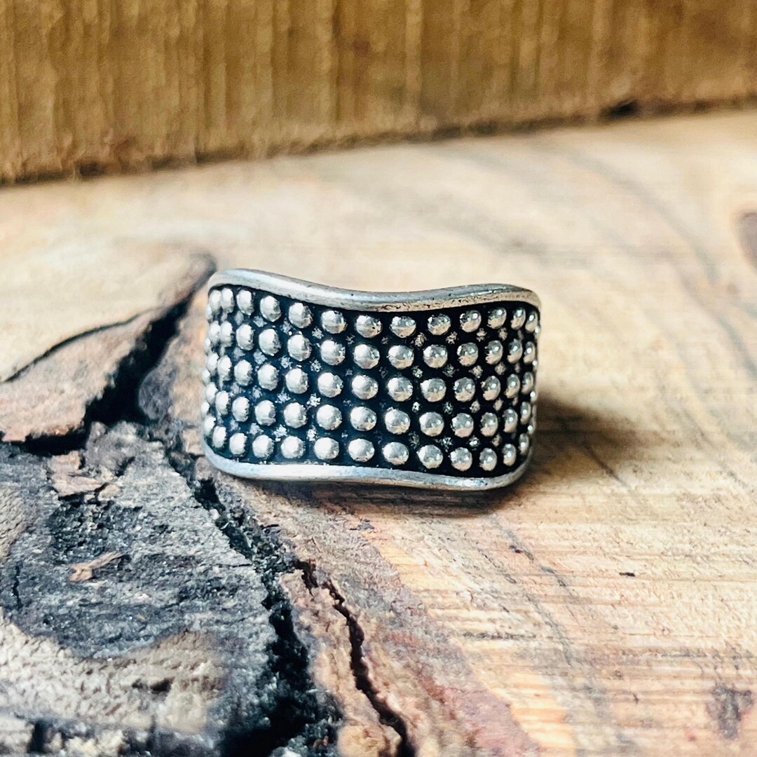 Silver Dot Ring - Wide Textured Band Ring - Tribal Beaded Band - 925 ...