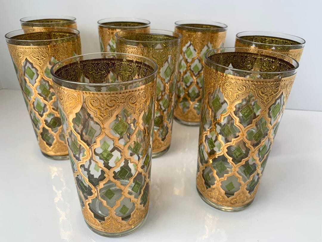 Vintage Culver Valencia Highball Glasses, 22K Gold & Green Diamond - Etsy