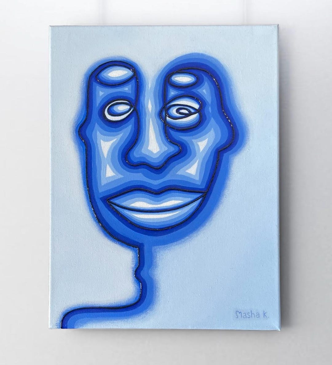 Blue Minimalist Painting - Simple Joy, One Line Smiling Abstract Face ...