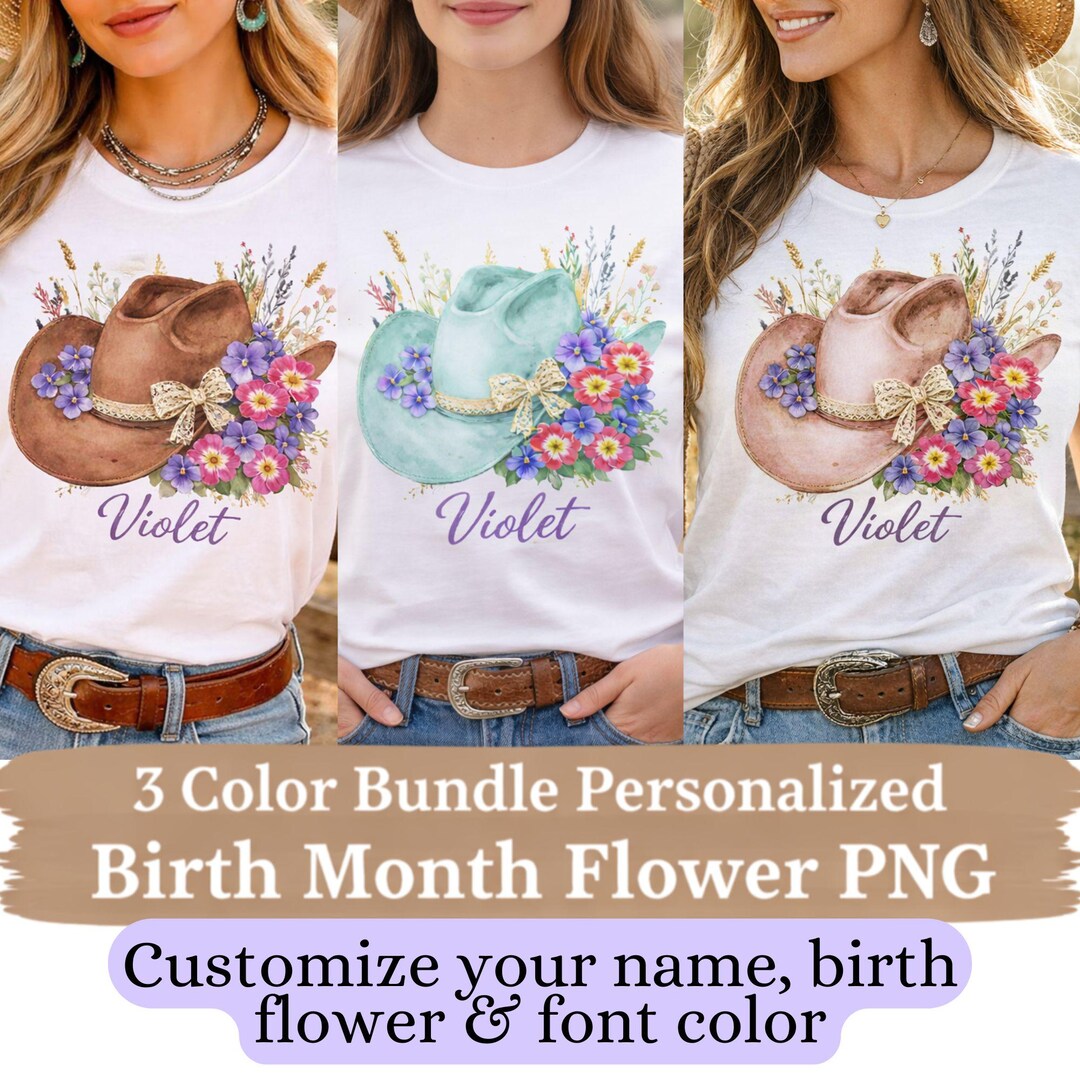 Personalized Birth Flower Western PNG Bundle, Custom Name Cowgirl Hat ...