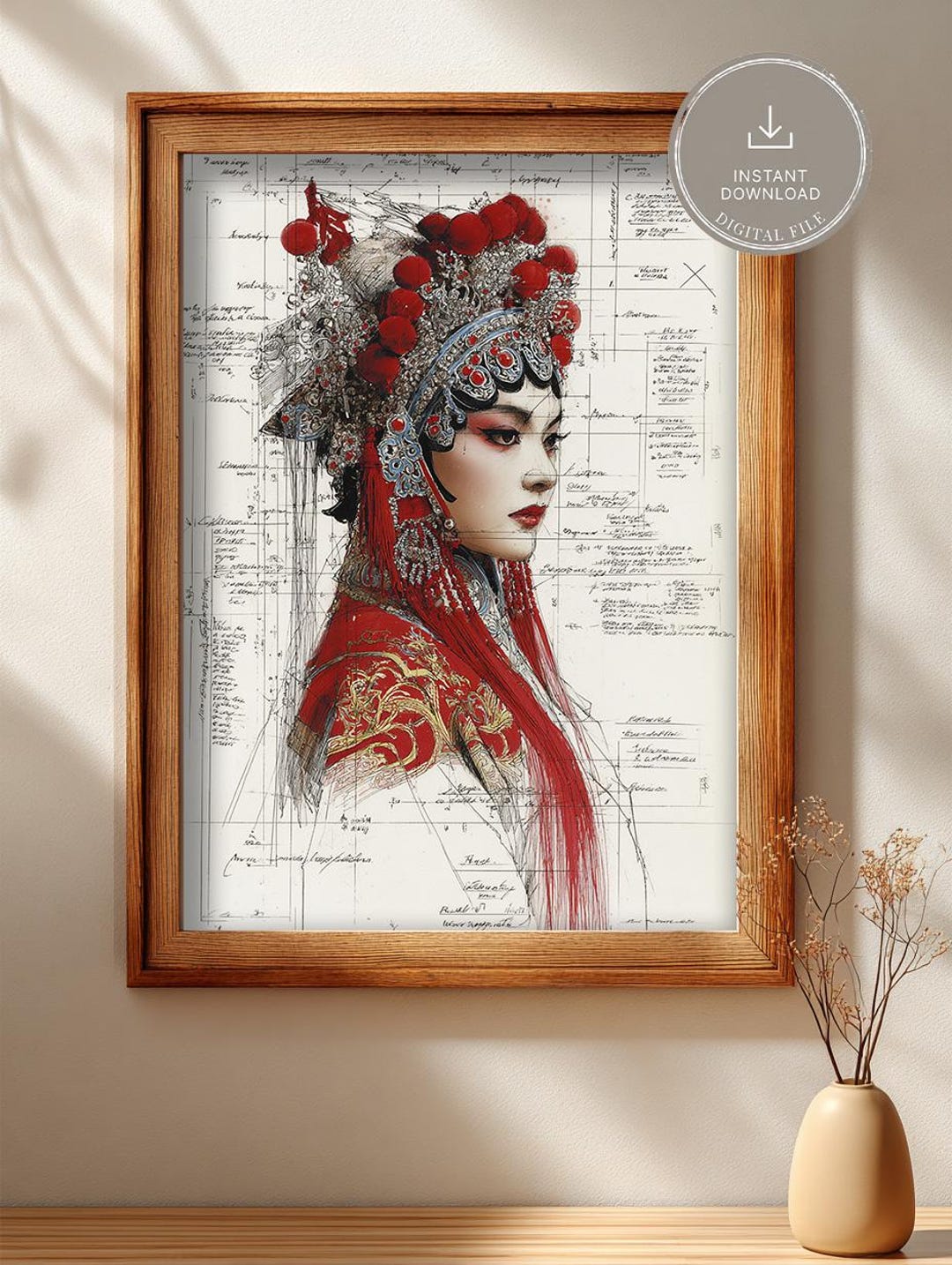 Chinese Opera Portrait Wall Art, Asian Cultural Technical Sketch, Red ...