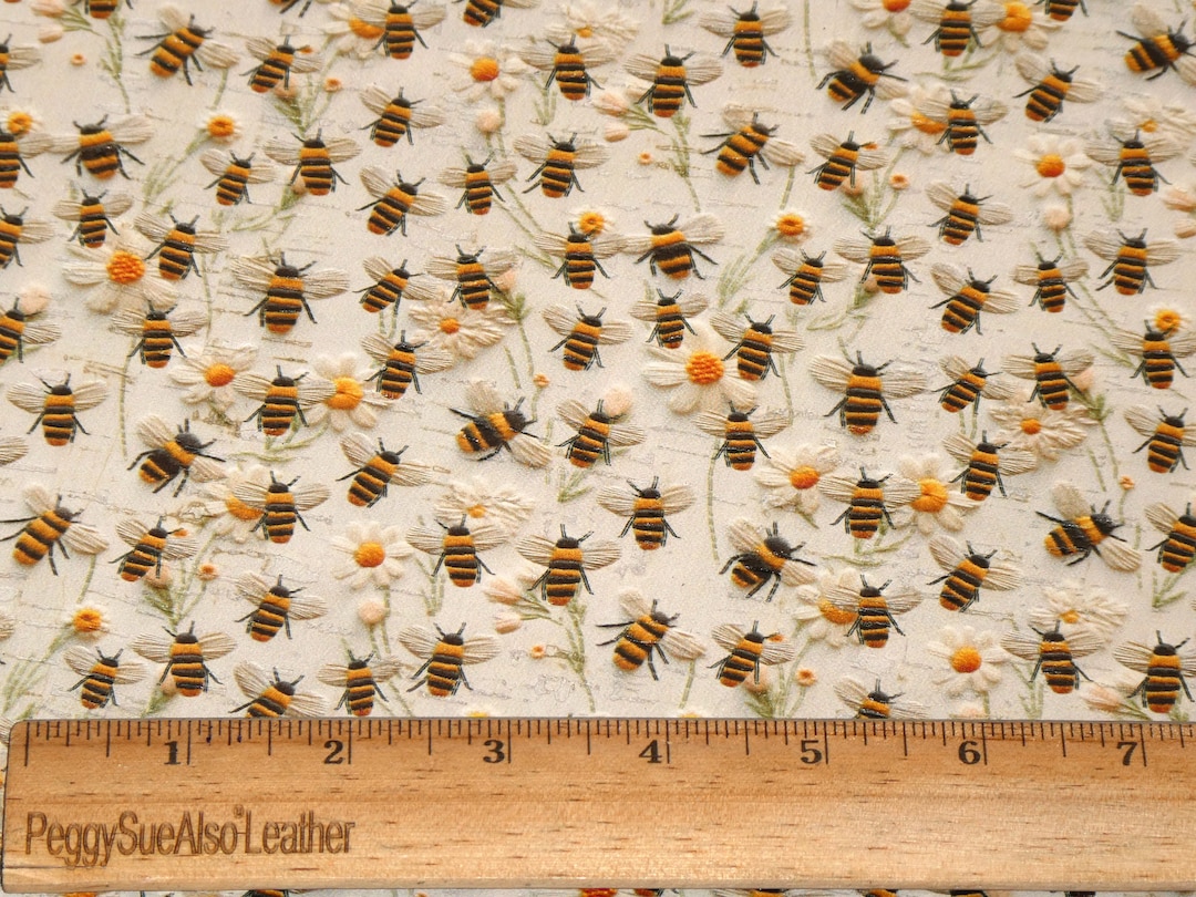 MORE Bees Cork 8"x10" BEES and DAISIES Embroidery Look on Cork Backed With Chromium Free Leather ...