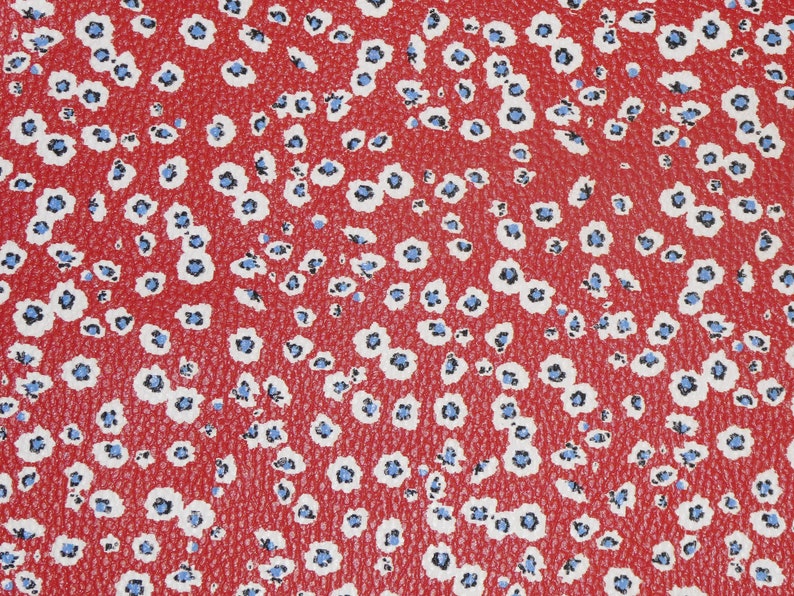 Leather 5"x11" DITSY FLOWERS on RED With White Blue Cowhide 3.5-4 Oz/1. ...