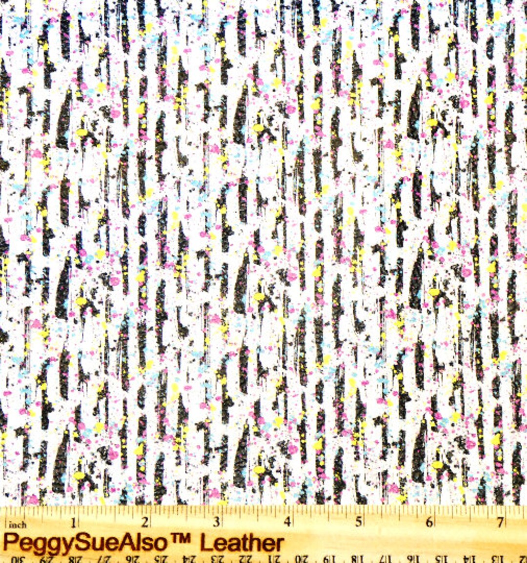 Leather 4 Pieces 4x6 Abstract NEON PAINT SPLASHED on Black and White Stripe Print Cowhide 3.25-3 ...