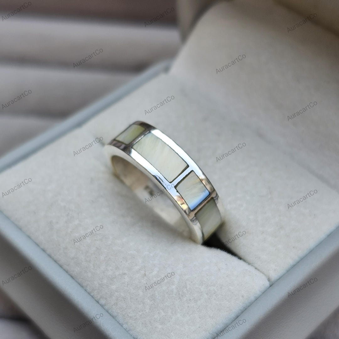 Mother of Pearl Inlay Ring, 925 Solid Sterling Silver Band, Handmade ...