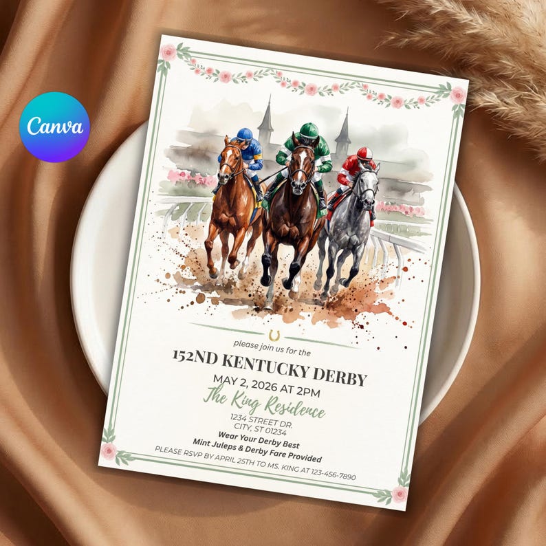 Kentucky Derby Watch Party Invitation – Horse Racing Theme, Editable ...