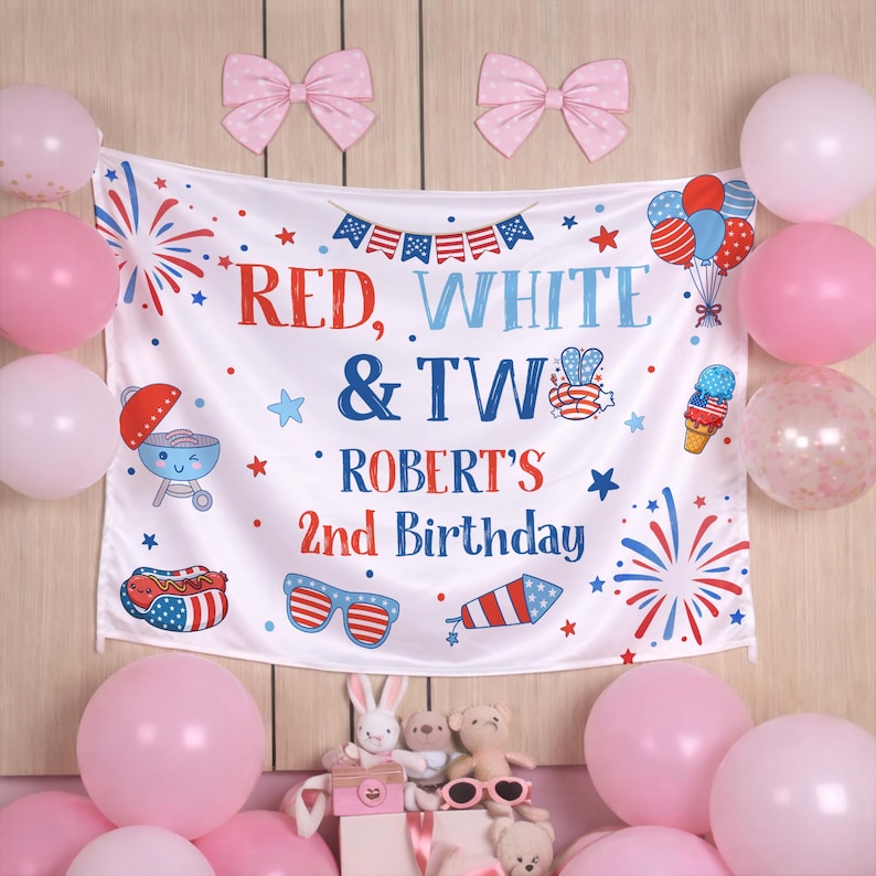 Personalized Red White & Two Birthday Banner, Patriotic 2nd Birthday ...