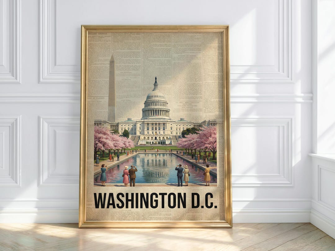 Washington DC Capitol Art Print | Vintage Newspaper Cherry Blossom Wall ...