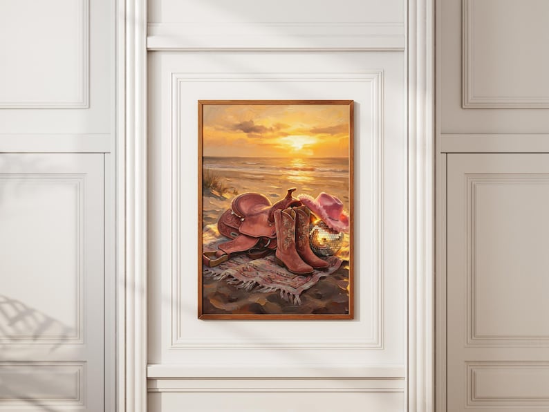 Coastal Cowgirl Set Art Print | Pink Boots Disco Ball Western Beach ...