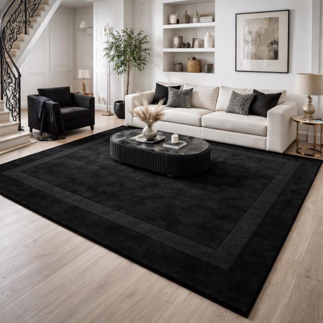 Hand Tufted Black Wool Area Rug I Modern Border Rug L Minimalist ...