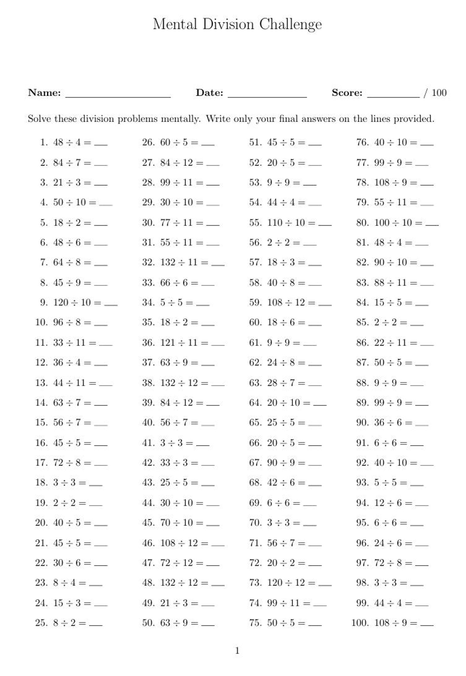 100 Division Math Worksheets |10 000 Questions | Grades 1-5,printable ...