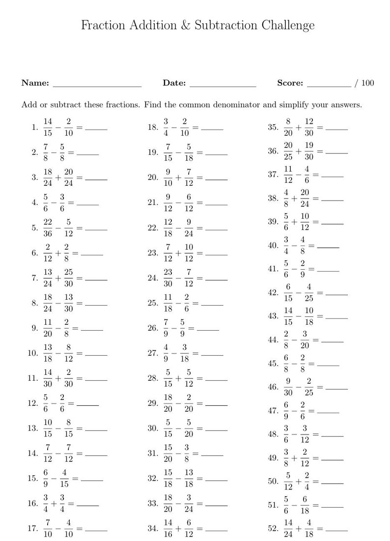 100 Fractions Addition and Subtraction Math Worksheet | PDF Printable ...