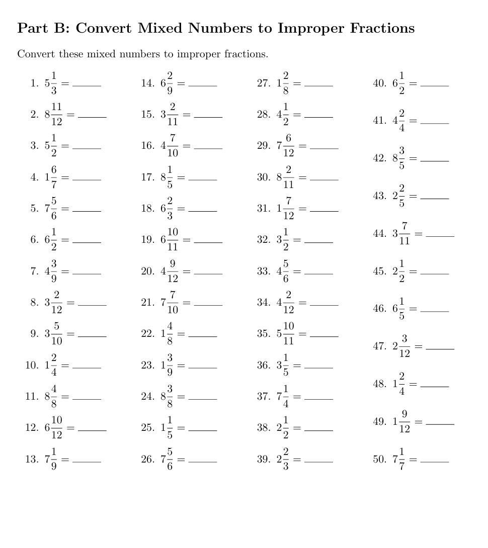 50 Printable Fraction Math Worksheets | Mixed Numbers & Improper ...