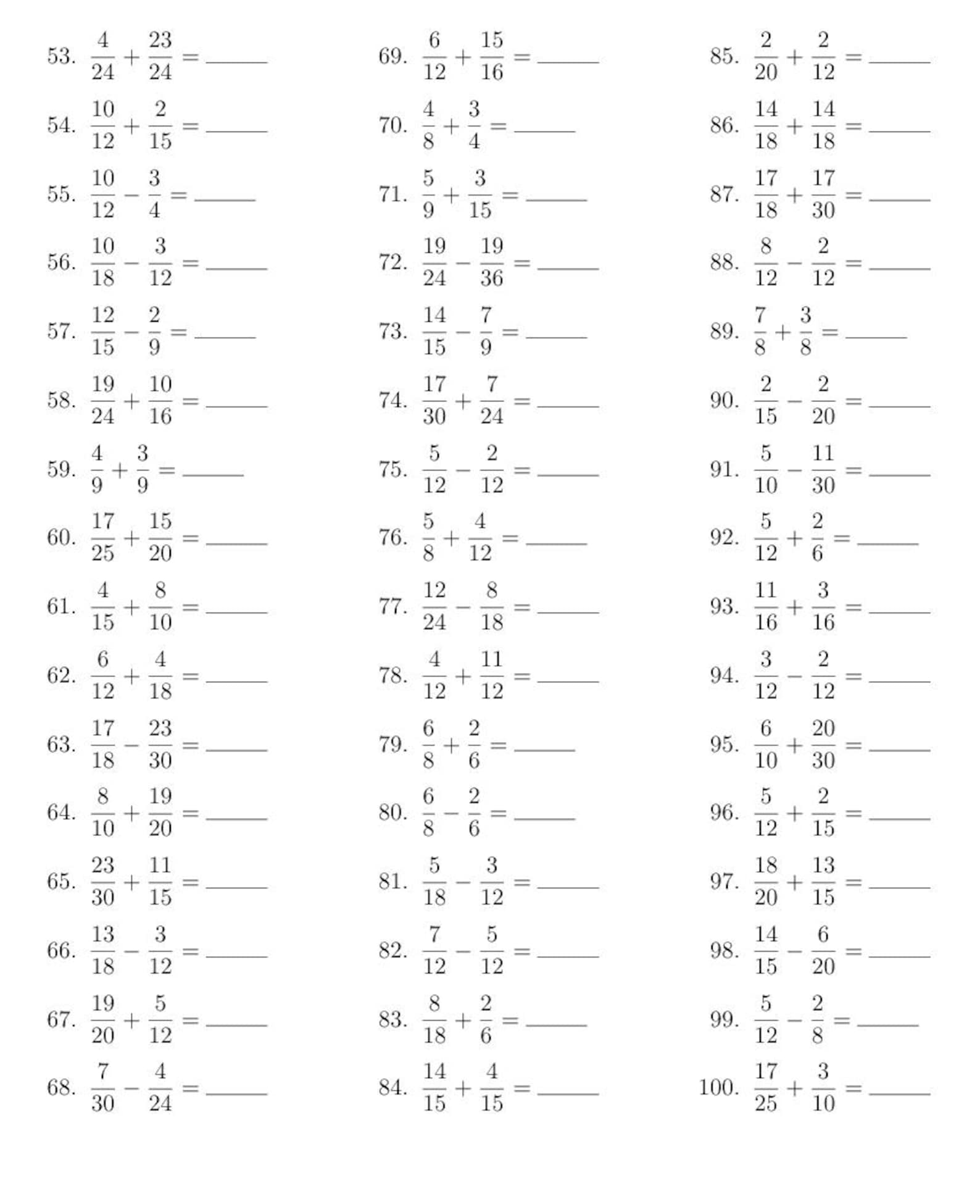 100 Fractions Addition and Subtraction Math Worksheet | PDF Printable ...
