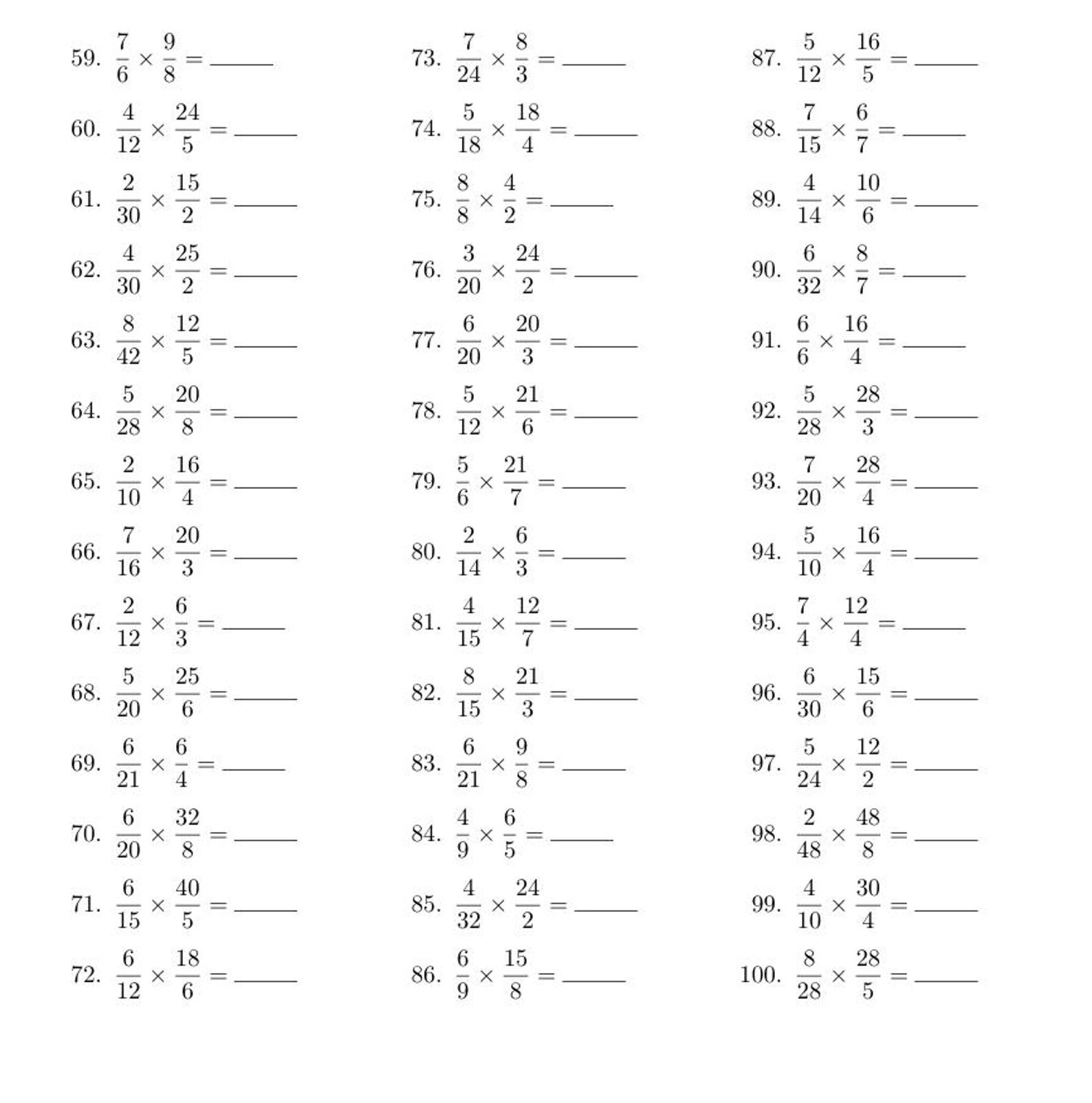 100 Fractions Multiplication Math Worksheets | PDF Printable | Kids Age ...