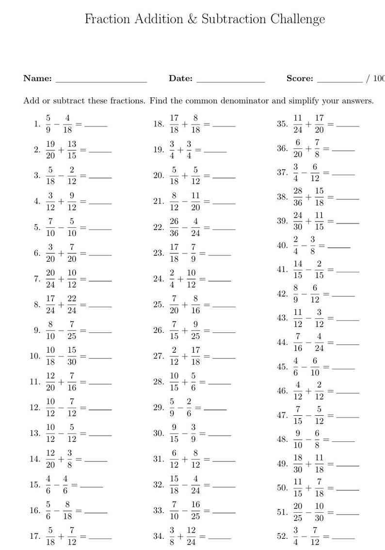 100 Fractions Addition and Subtraction Math Worksheet | PDF Printable ...