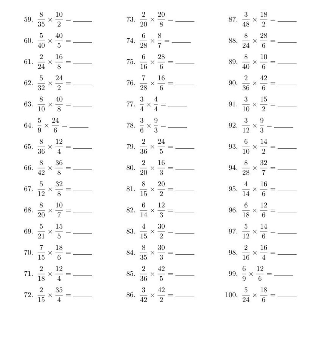100 Fractions Multiplication Math Worksheets | PDF Printable | Ages 5 ...