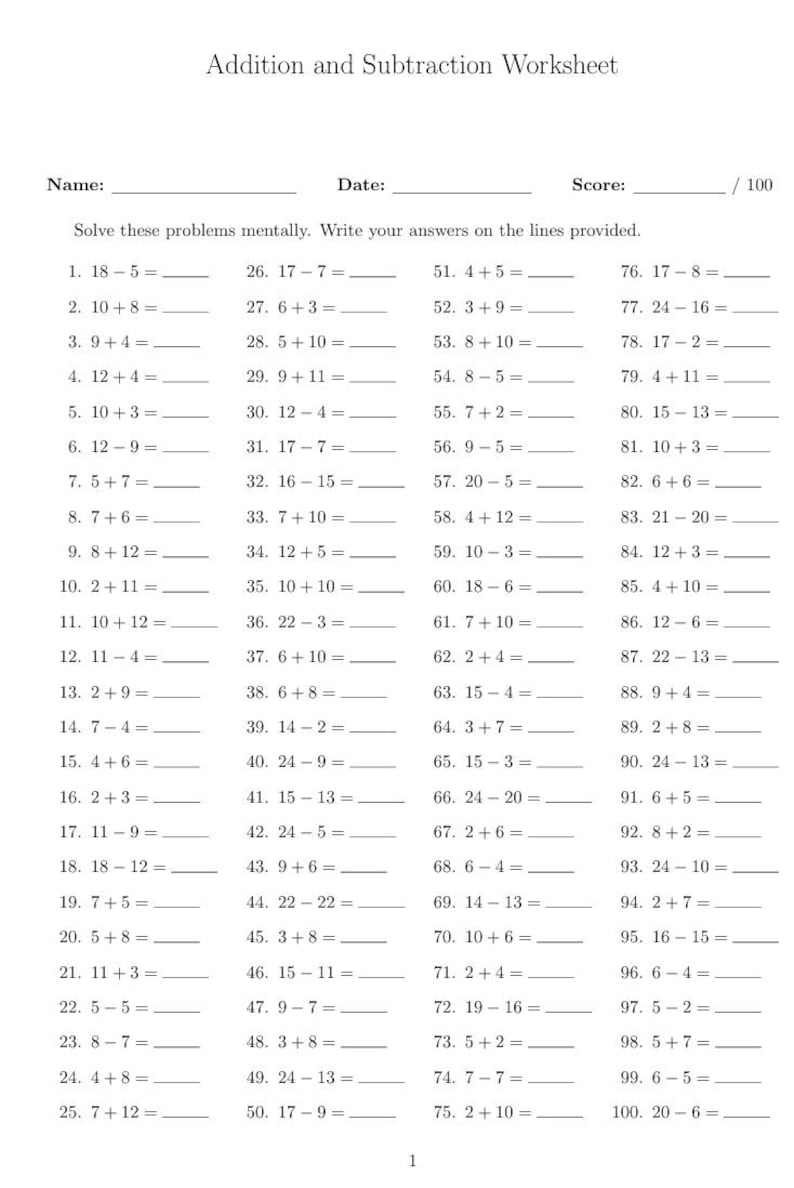 100 Addition and Subtraction Math Worksheet | 10 000 Questions ...