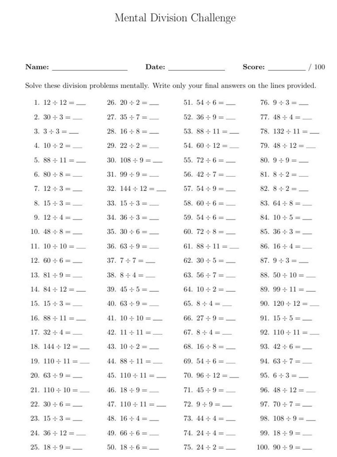 100 Division Math Worksheets |10 000 Questions | Grades 1-5,printable ...