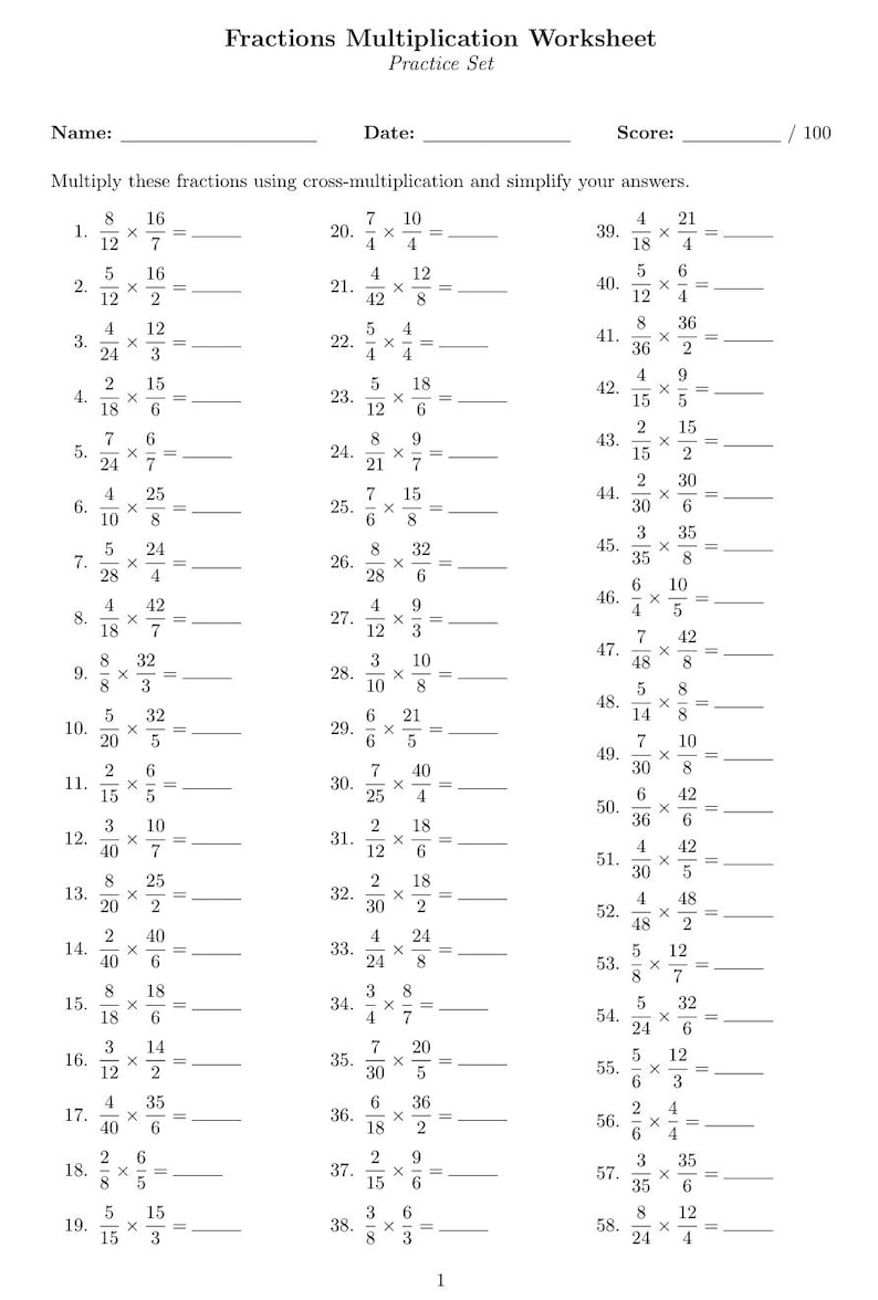 100 Fractions Multiplication Math Worksheets | PDF Printable | Ages 5 ...