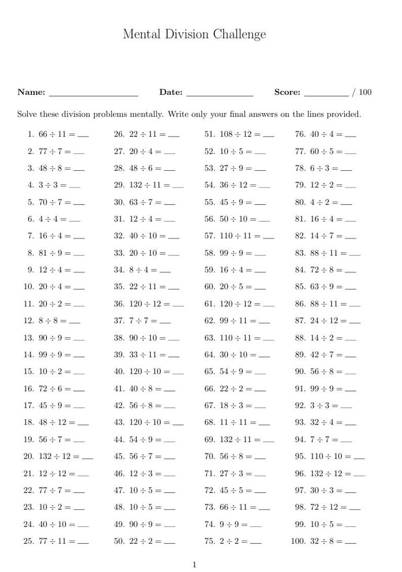100 Division Math Worksheets |10 000 Questions | Grades 1-5,printable ...