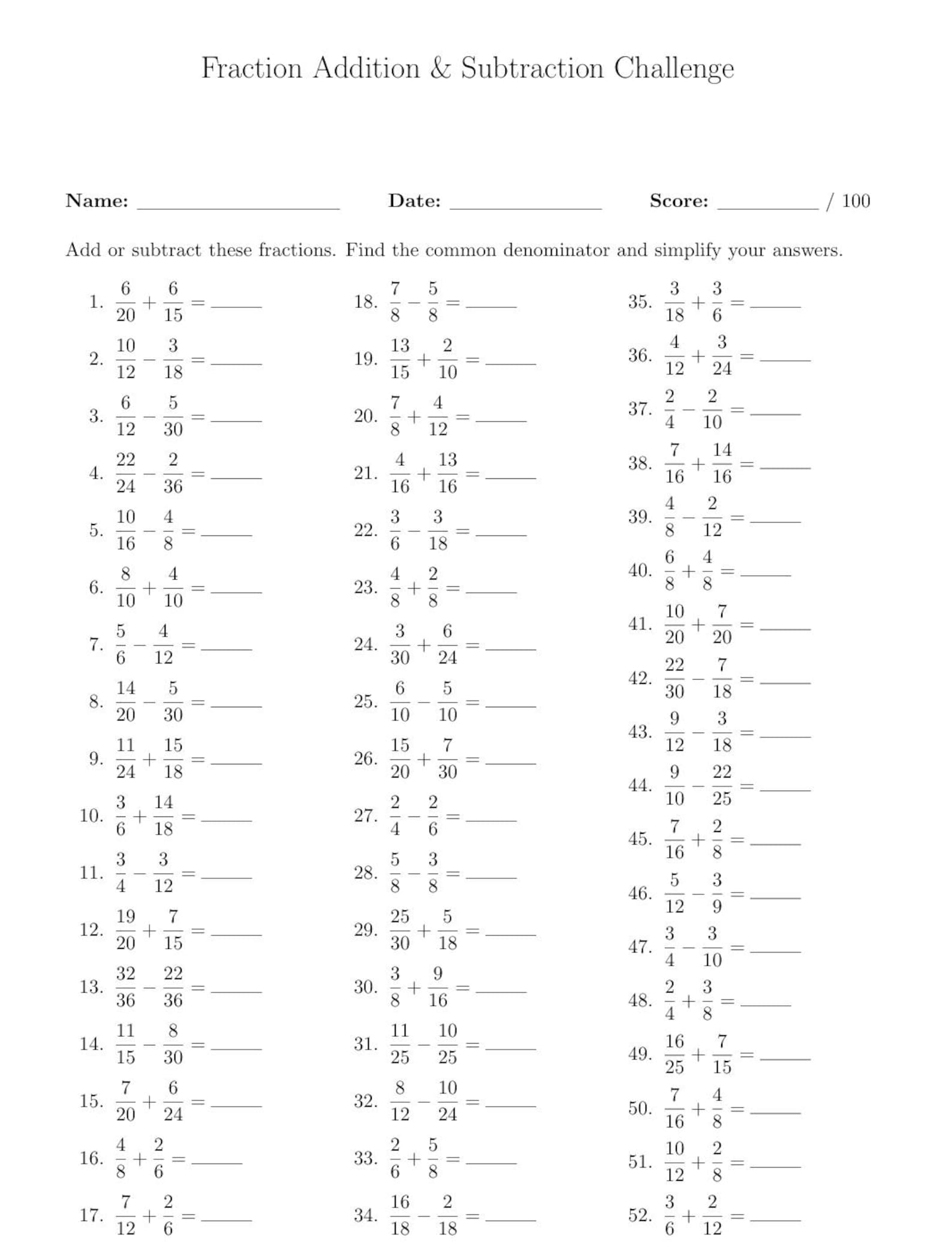 100 Fractions Addition and Subtraction Math Worksheet | PDF Printable ...