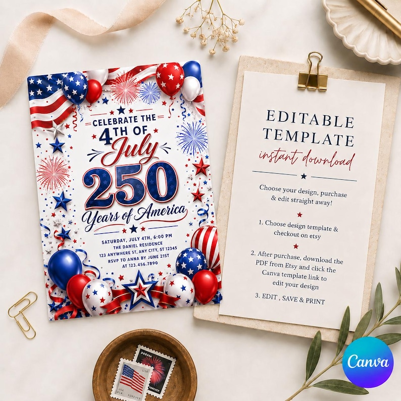 America 250th Anniversary Invitation, Patriotic Party Invite, Editable ...
