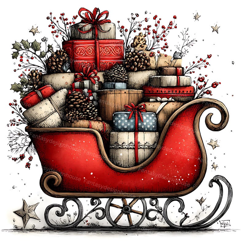 32 Christmas Sleigh Clipart, Holiday Illustration, Festive Graphics ...