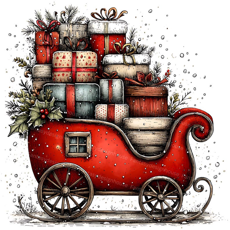 32 Christmas Sleigh Clipart, Holiday Illustration, Festive Graphics ...