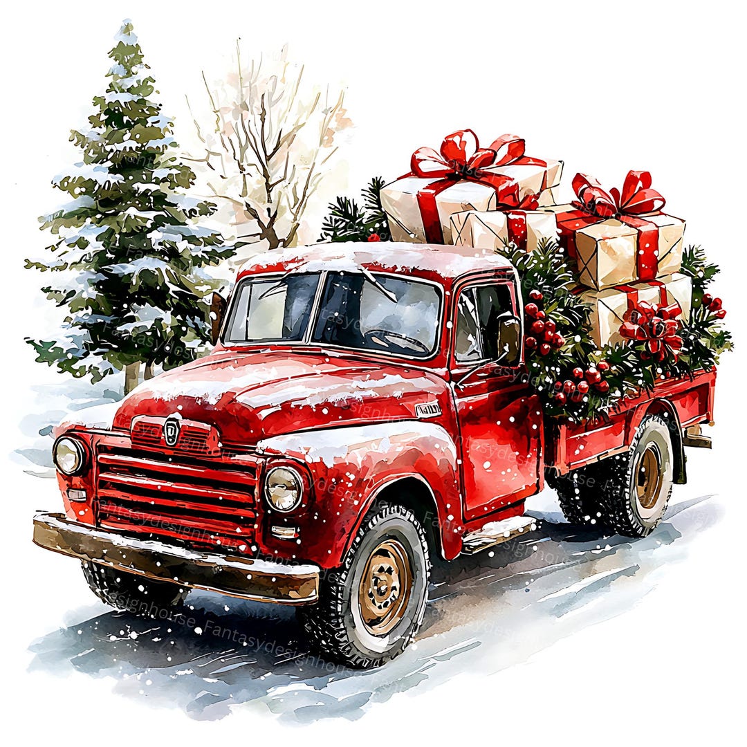 Red Truck Christmas Clipart, Watercolor Holiday Jpegs (digital Download ...