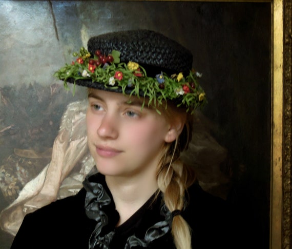 Vintage Straw Hat / Navy Blue Chanda Hat Velvet Trim and - Etsy