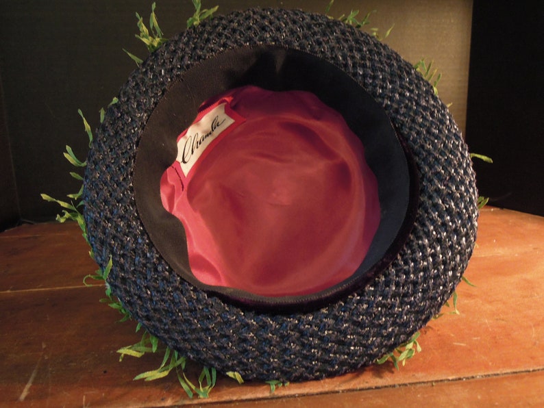 Vintage Straw Hat / Navy Blue Chanda Hat Velvet Trim and Flowers ...