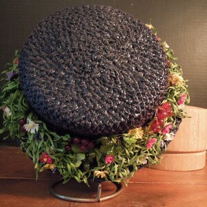 Vintage Straw Hat / Navy Blue Chanda Hat Velvet Trim and Flowers ...