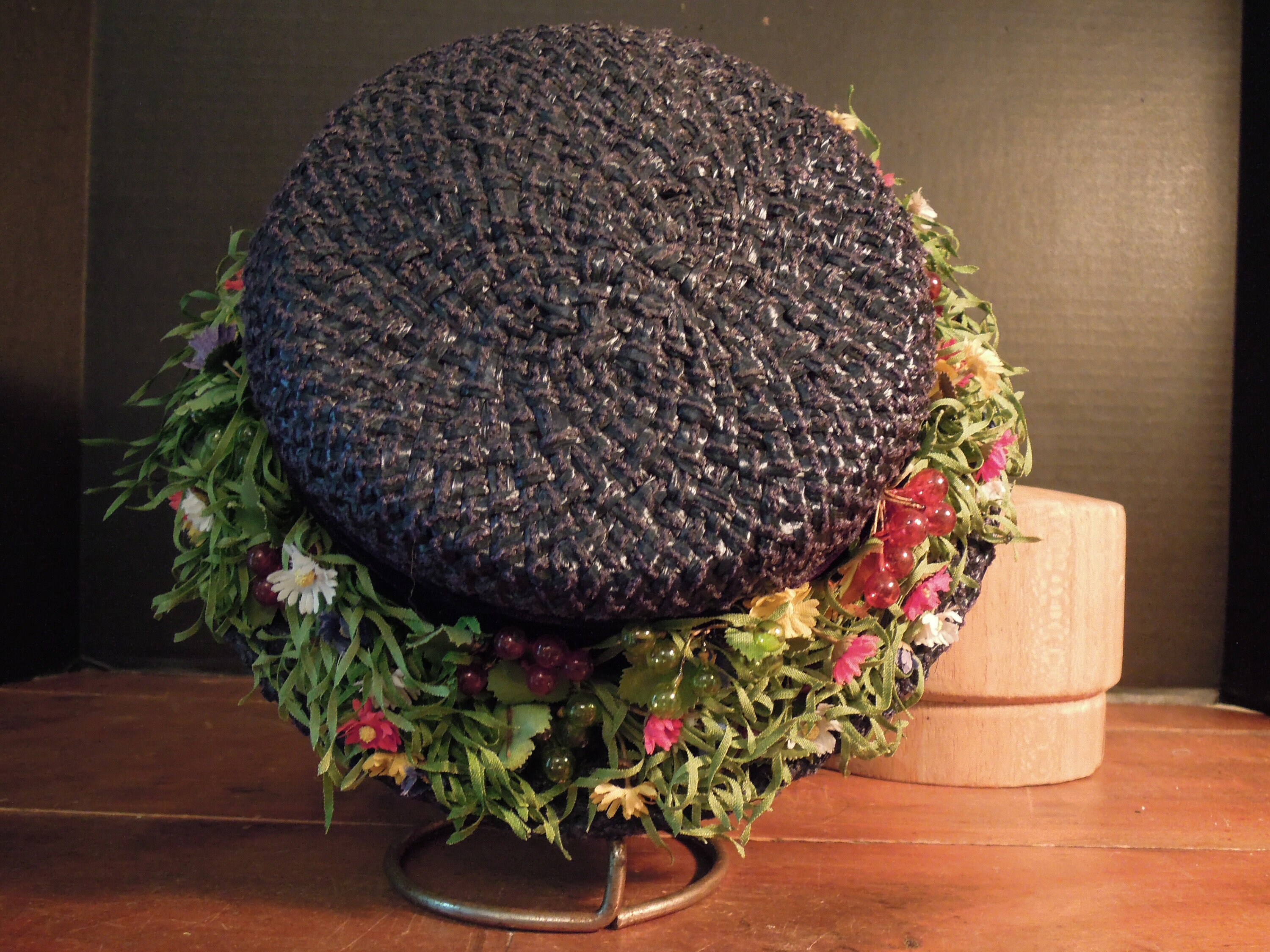 Vintage Straw Hat / Navy Blue Chanda Hat Velvet Trim and Flowers ...