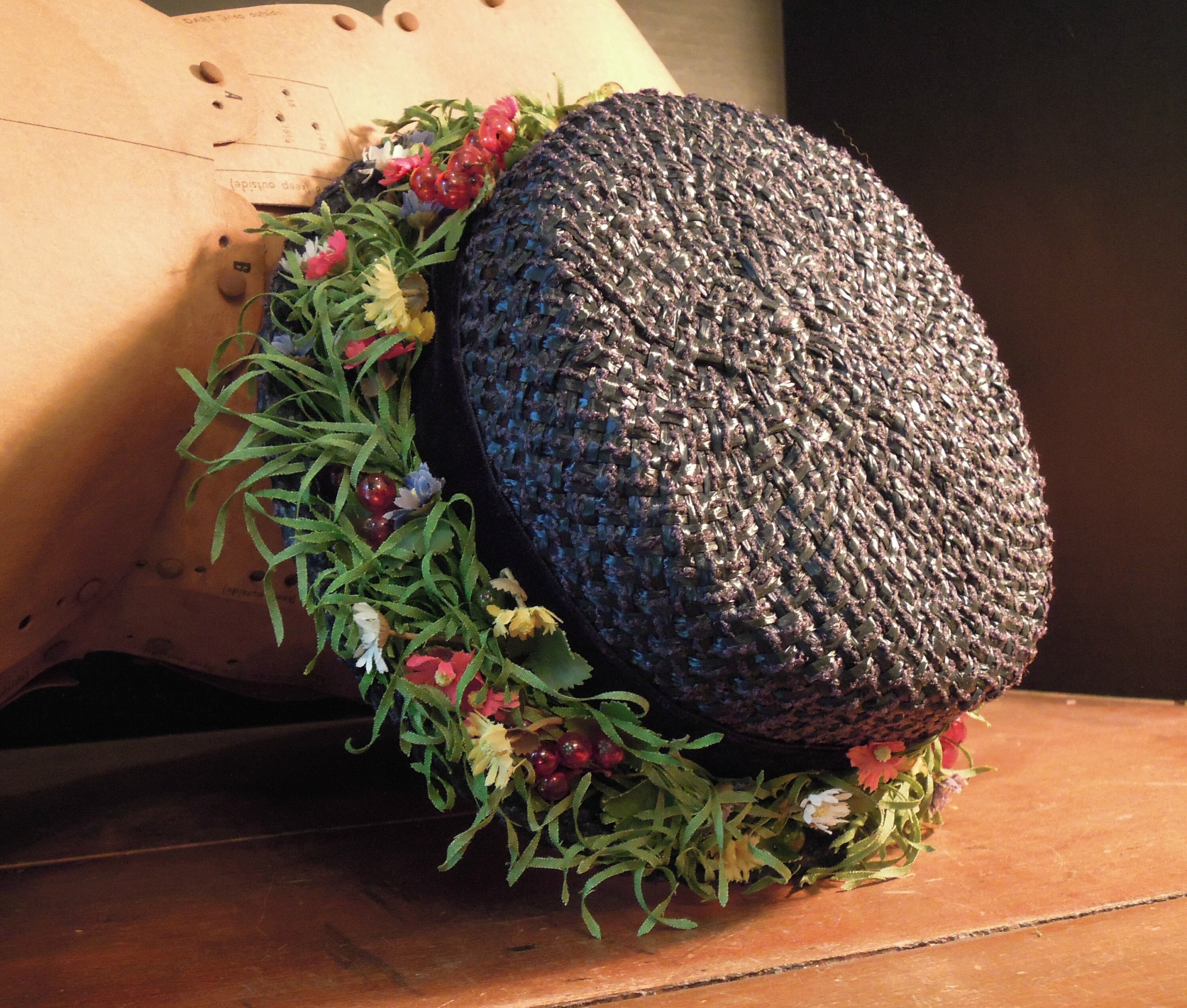 Vintage Straw Hat / Navy Blue Chanda Hat Velvet Trim and Flowers ...