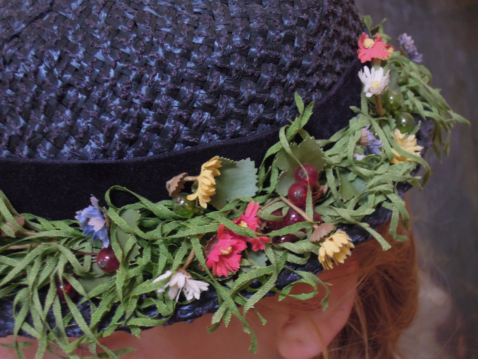 Vintage Straw Hat / Navy Blue Chanda Hat Velvet Trim and Flowers ...