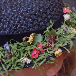 Vintage Straw Hat / Navy Blue Chanda Hat Velvet Trim and Flowers ...