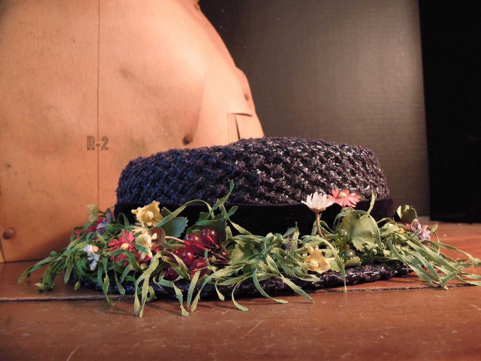 Vintage Straw Hat / Navy Blue Chanda Hat Velvet Trim and Flowers ...